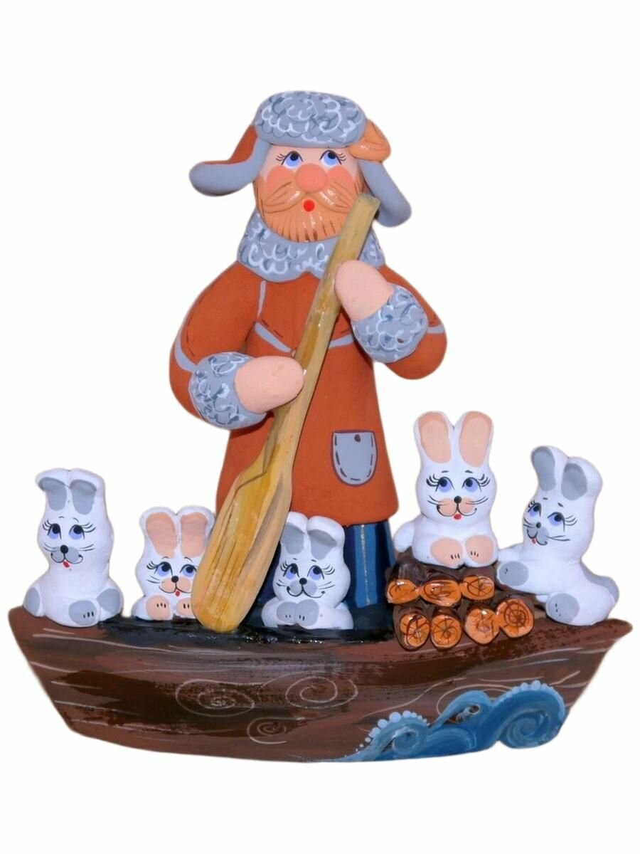 Дед Мазай и зайцы, Ковровская глиняная игрушка, ручная авторская работа