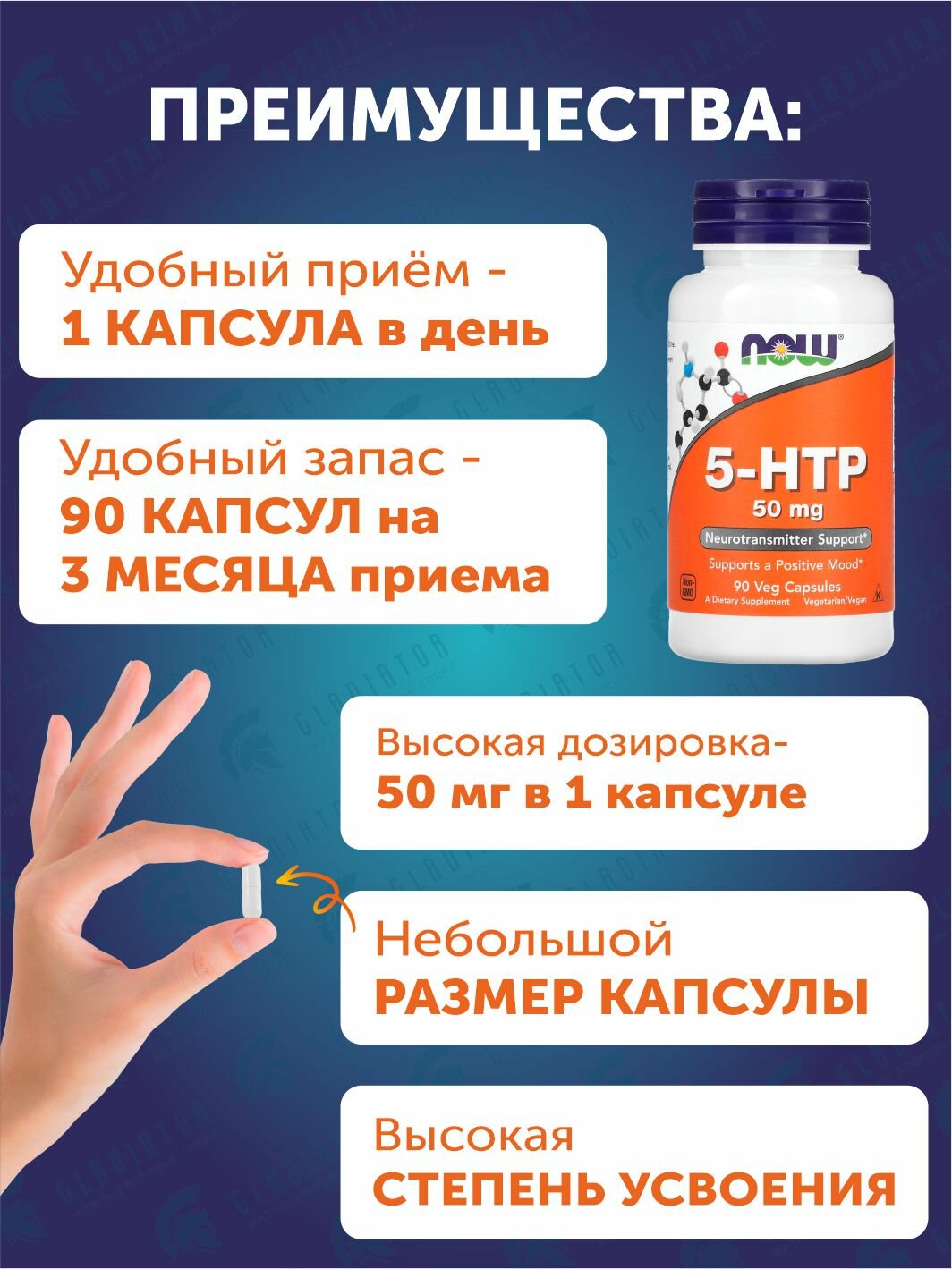 5-Гидрокситриптофан Now Foods 5-HTP, 50 мг, 90 растительных капсул — фото 1