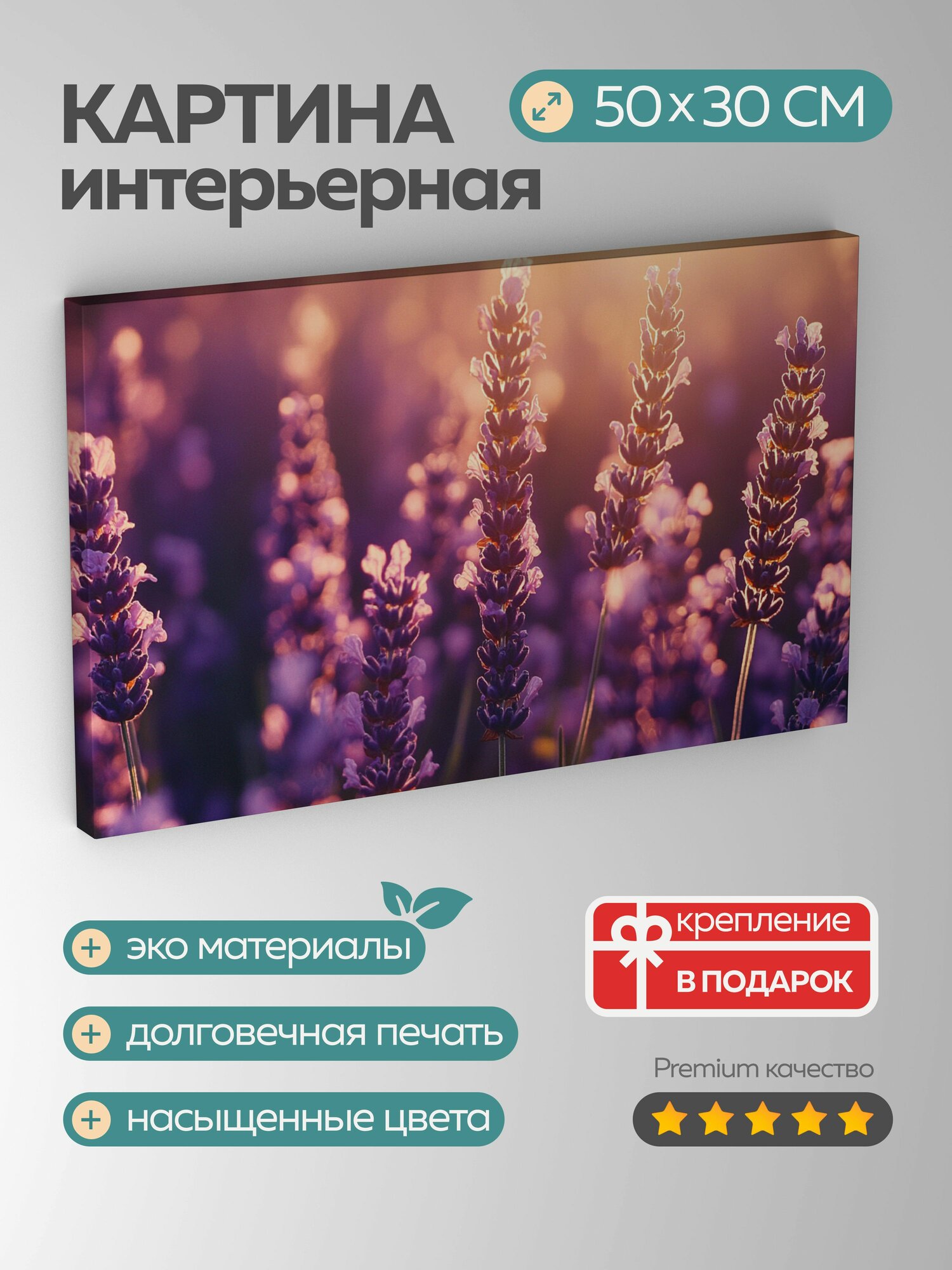 Картина на холсте интерьерная 50х30 см, лучезарный закат, лавандовое поле, пленительные оттенки, теплый отблеск
