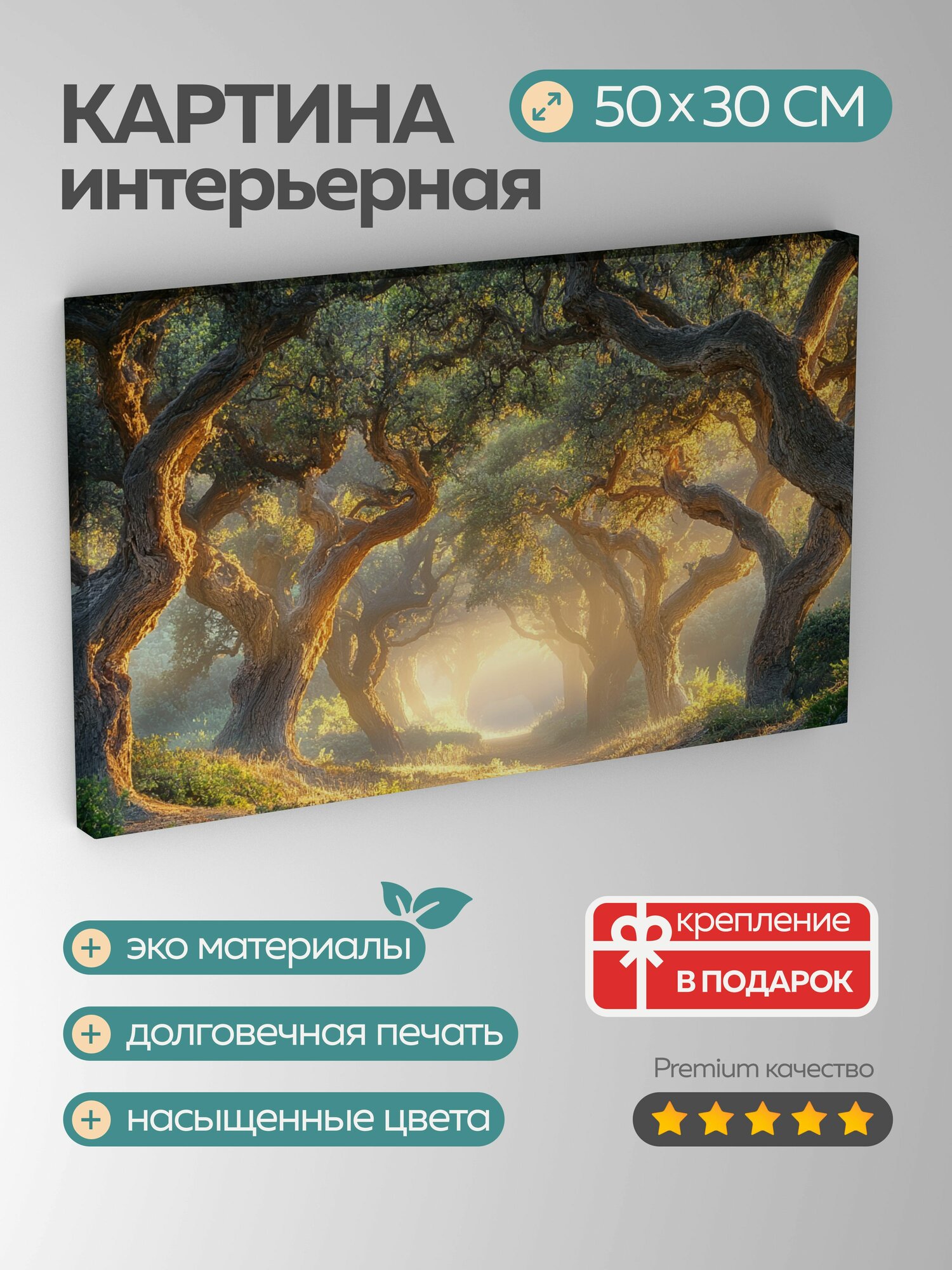 Картина на холсте интерьерная 50х30 см, Туманный лес, рассвет, свет и тени, древние деревья, атмосфера, 2.8, ISO 400