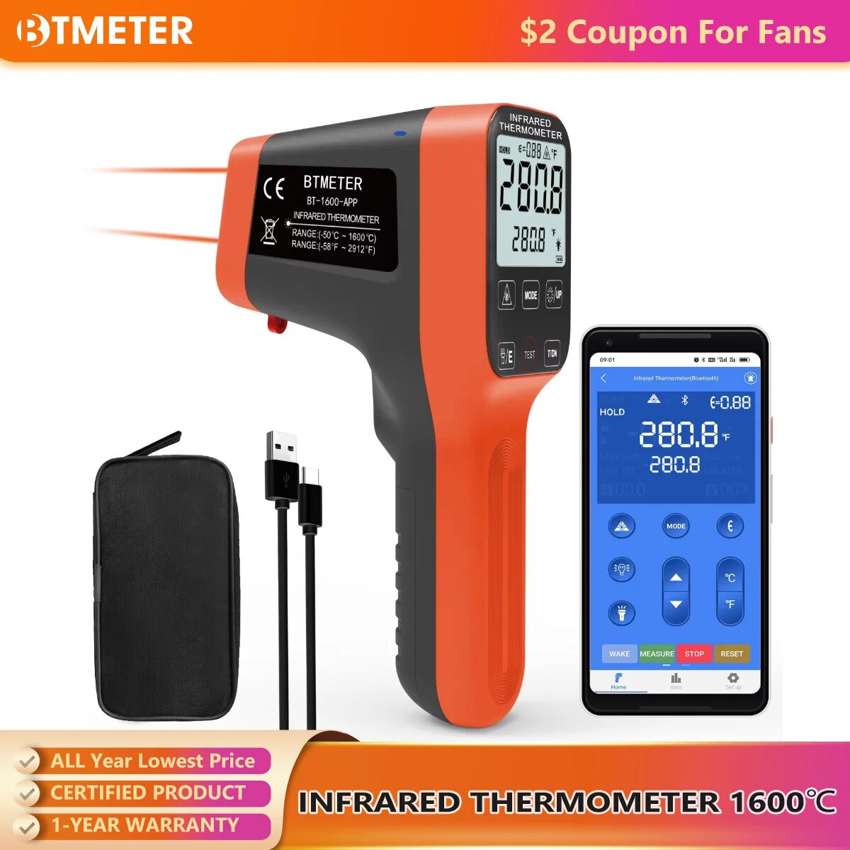 BTMTER Infrared Thermometer BT-1600-APP