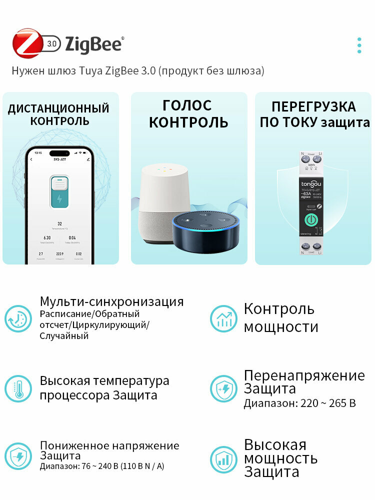 Умный выключатель TONGOU TO-Q-SY2-163JZT на DIN-рейку с Zigbee, мониторингом тока/напряжения и таймером — фото 1