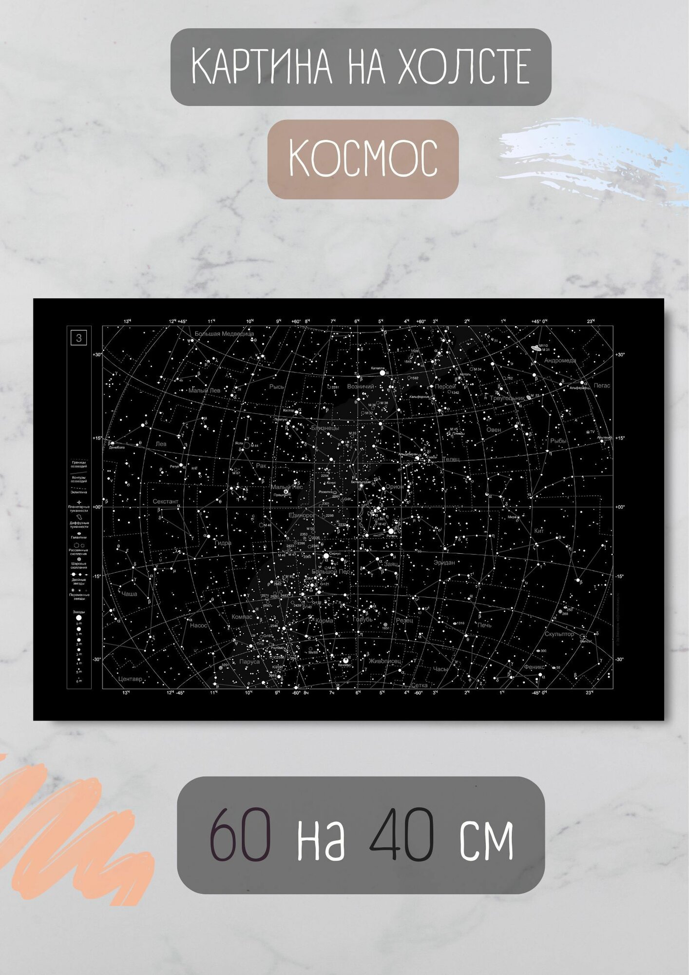 Картина 60х40 интерьерная "Карта основных созвездий"
