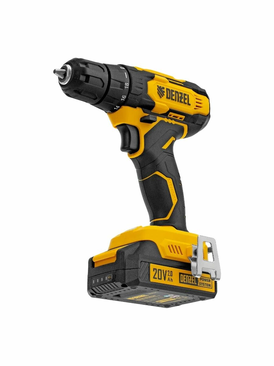 Дрель-шуруповерт аккумуляторная Denzel CDQ-20, щеточная, Li-Ion, 20 В, желтая/черная