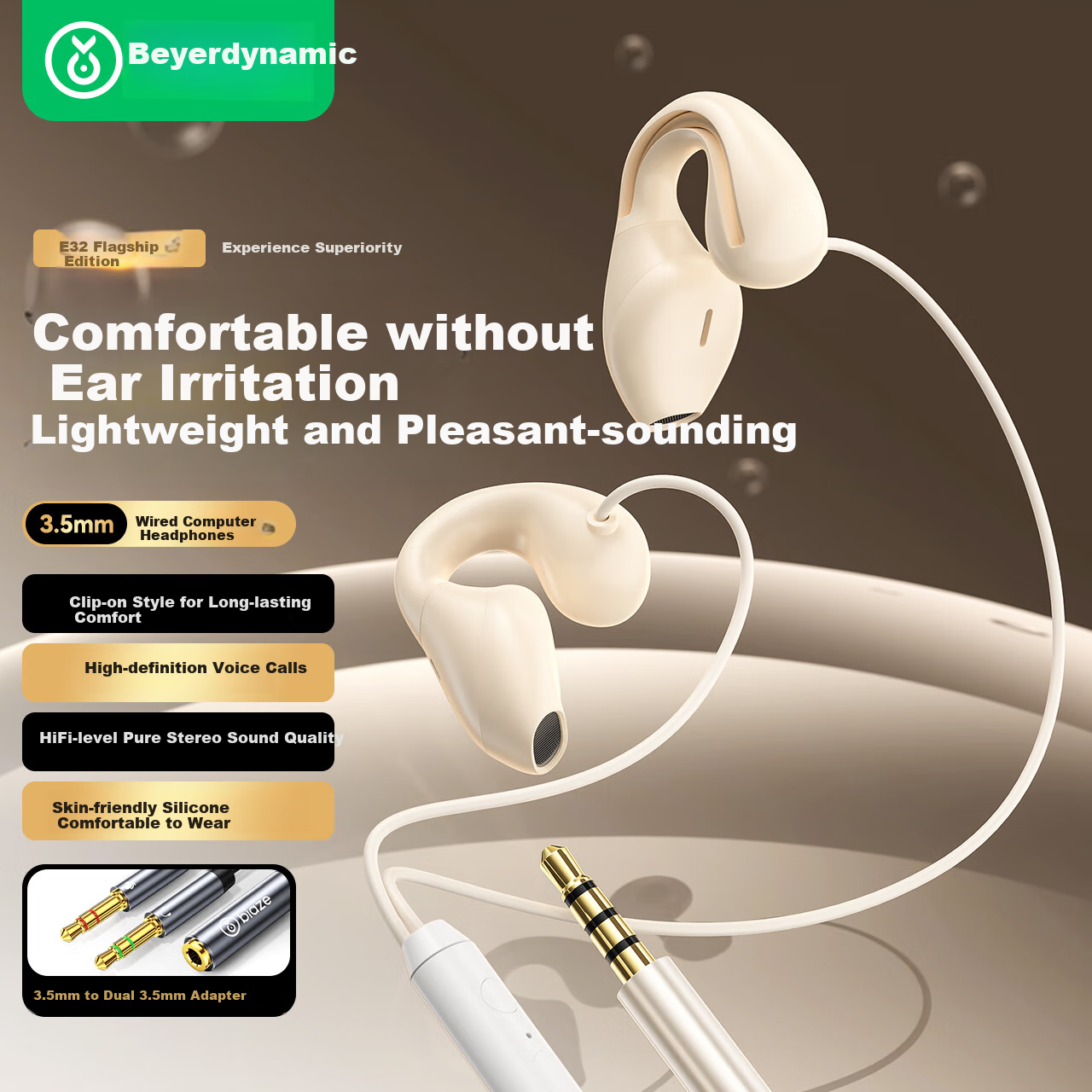 BIAZE Wired Earphones Clip-on Open-style In-ear Control Earphones with 3.5mm Plug + Dual 3.5mm Adapter Hanging Ear Style for Chicken Eating Games, Office Work, and Live Streaming in White