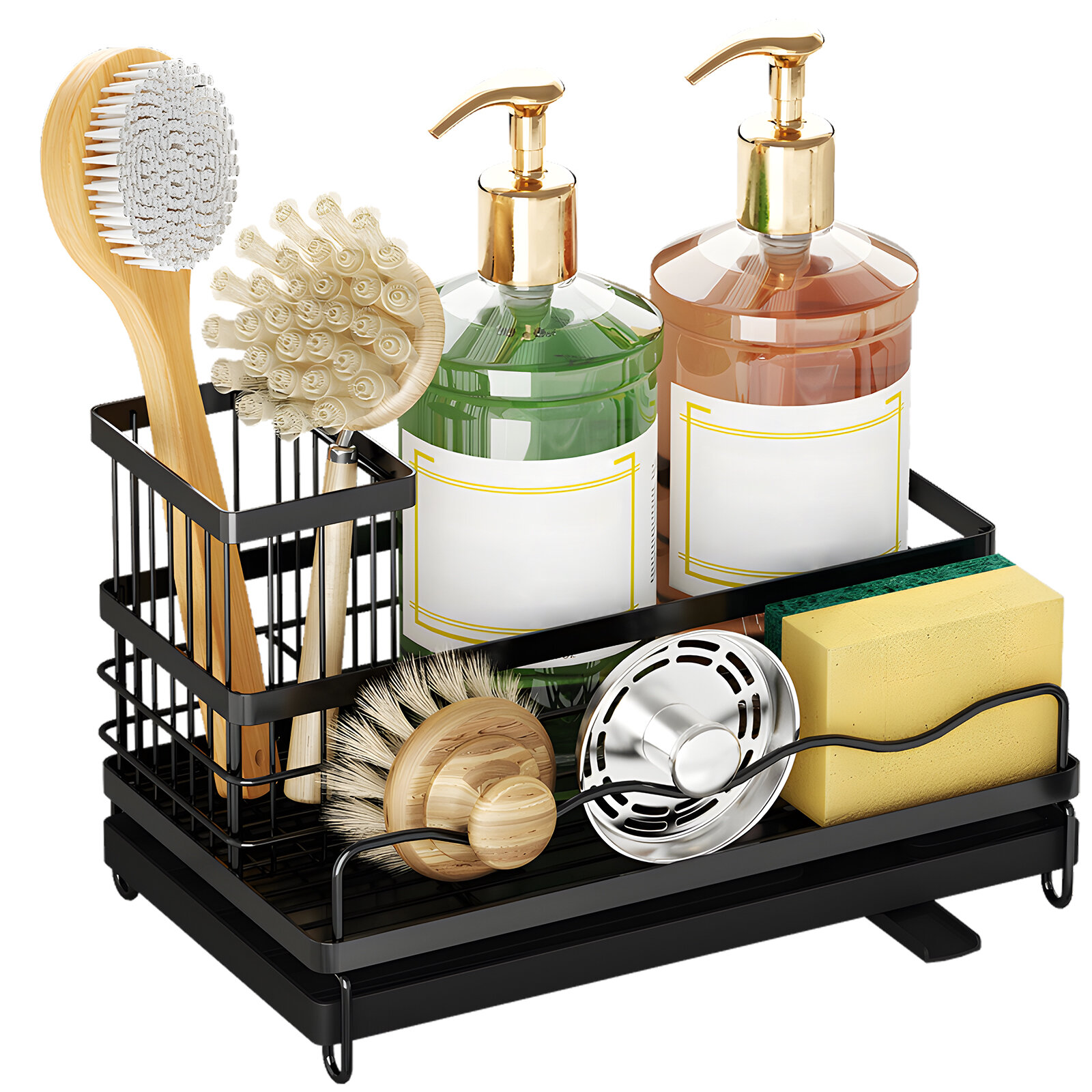 Держатель для губки для кухонной мойки Caddy Organizer со съемным высоким держателем для щеток, нержавеющая сталь, держатель для губки для мытья посуды, сушилка с поддоном для слива и регулируемым водосливом