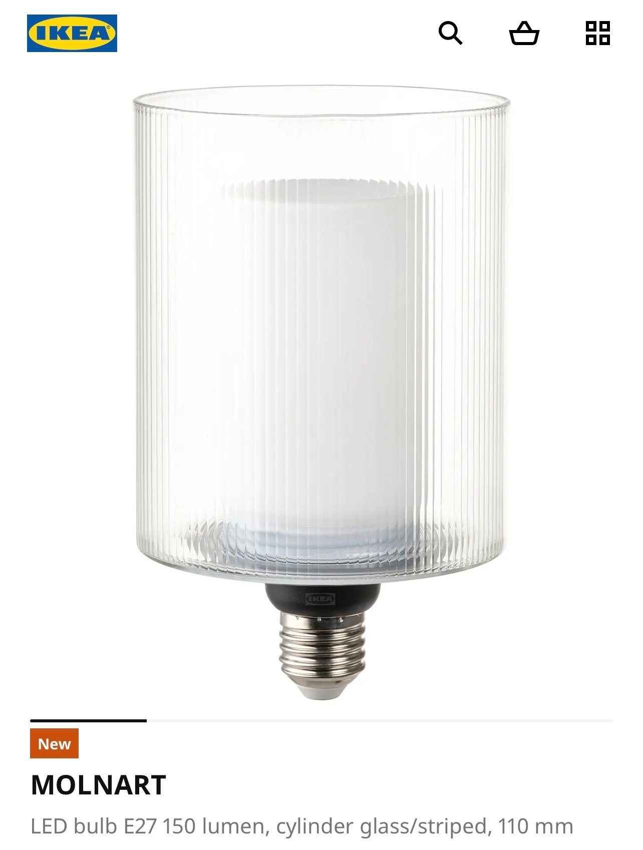 Светодиодная лампа IKEA MOLNART, E27 150 люмен, цилиндрическая стеклянная/полосатая, 110 мм