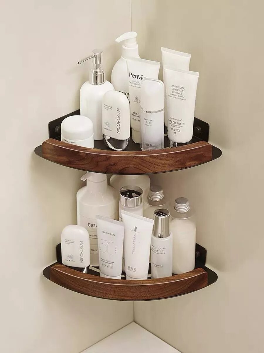 Угловая полка для ванной комнаты или гостиной из дерева темного ореха с закруглением，1 шт