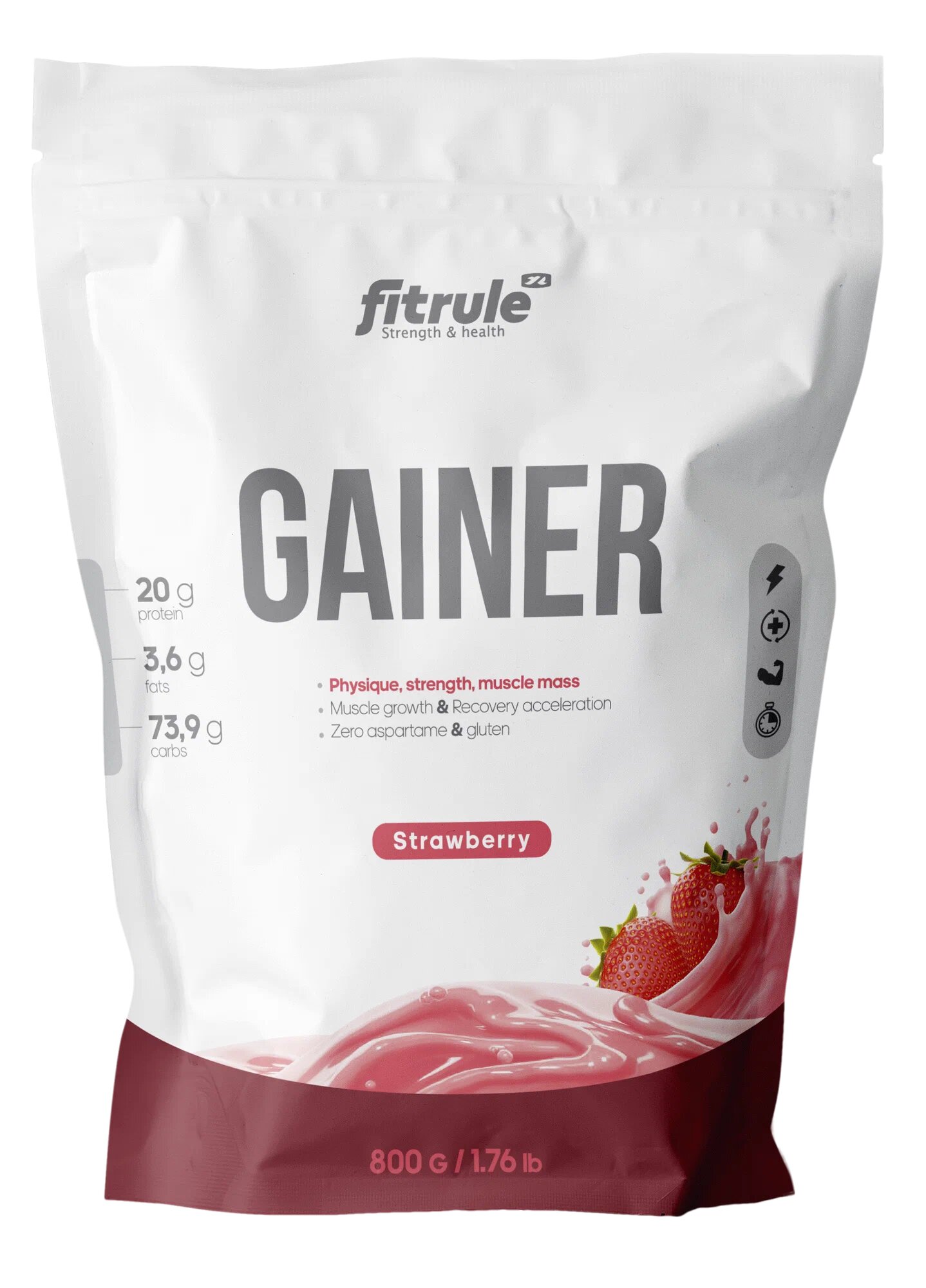 Гейнер FitRule, клубничный, сывороточный концентрат, 428 кКал/100г, 8 порций, 800 г