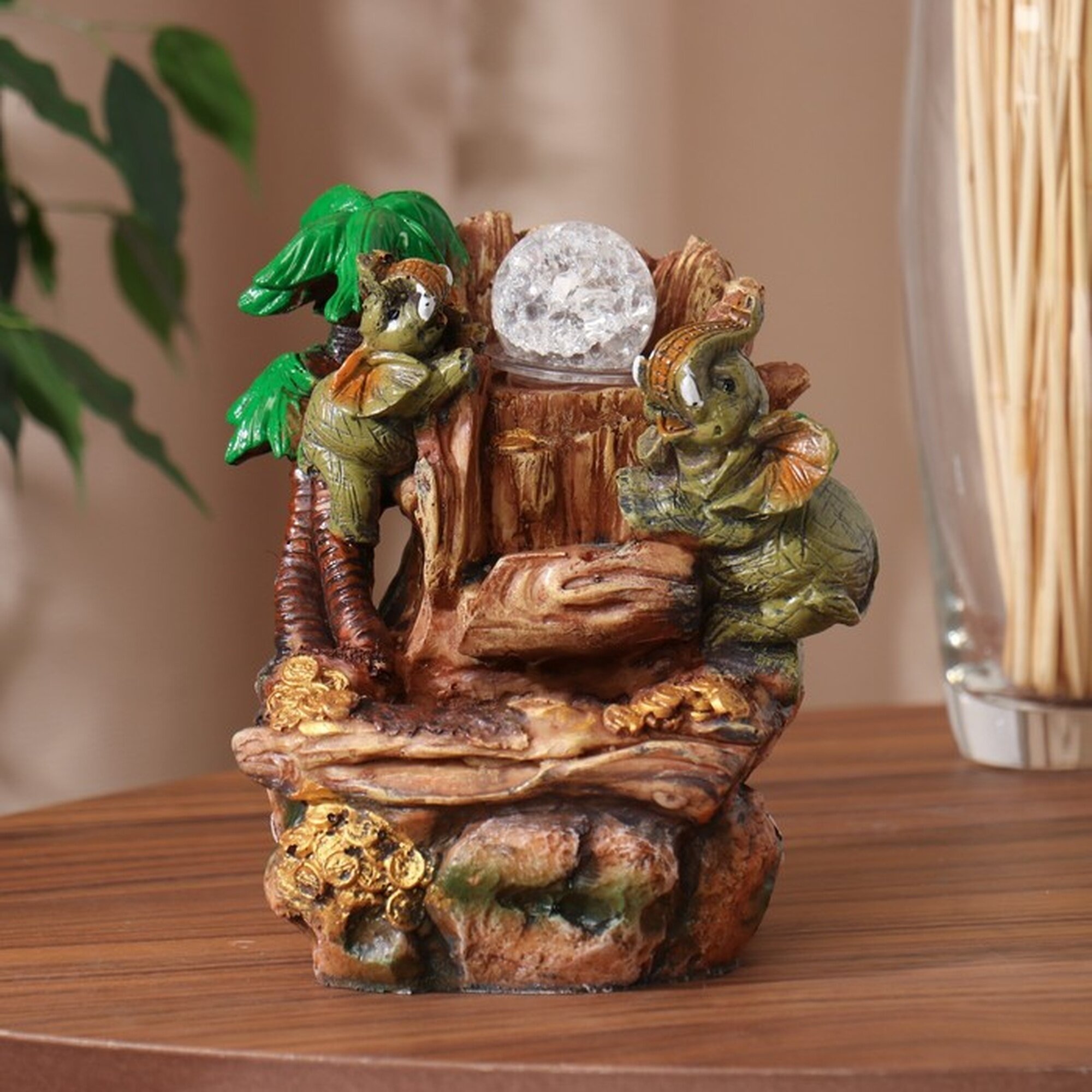 Фонтан Сима-ленд «Слоны с монетками, пальма», полистоун/стекло, с подсветкой, 20x13 см