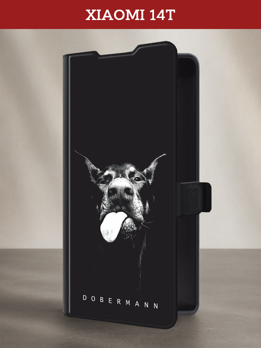 Чехол-книжка на Xiaomi 14T / Сяоми 14Т с принтом Язык добермана, черный
