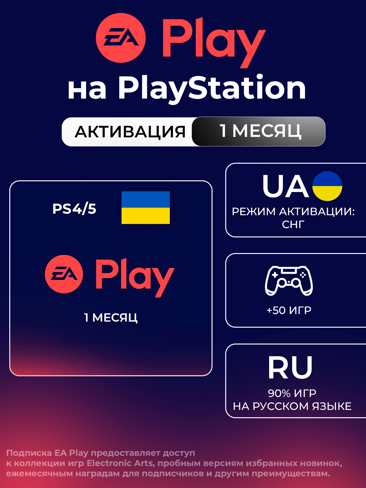 Подписка для PlayStation Plus EA PLAY 1 месяц СНГ для PS4 PS5