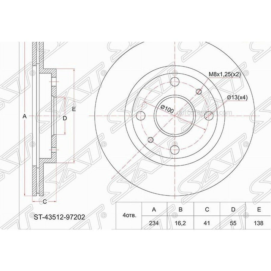 SAT ST4351297202 Диск тормозной (Перед) Toyota Passo 04-16 / Daihatsu Move 95-98