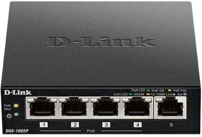 Коммутатор D-Link DGS-1005P/B3A неуправляемый, L2, 5 портов, черный