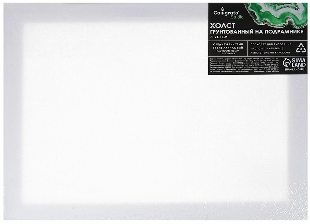 Холст грунтованный на подрамнике для работы масляными, темперными и акриловыми красками, хлопок 100%, акриловый грунт, фактура среднезернистая, размер 30х40х1.6 см, 380 г/м2