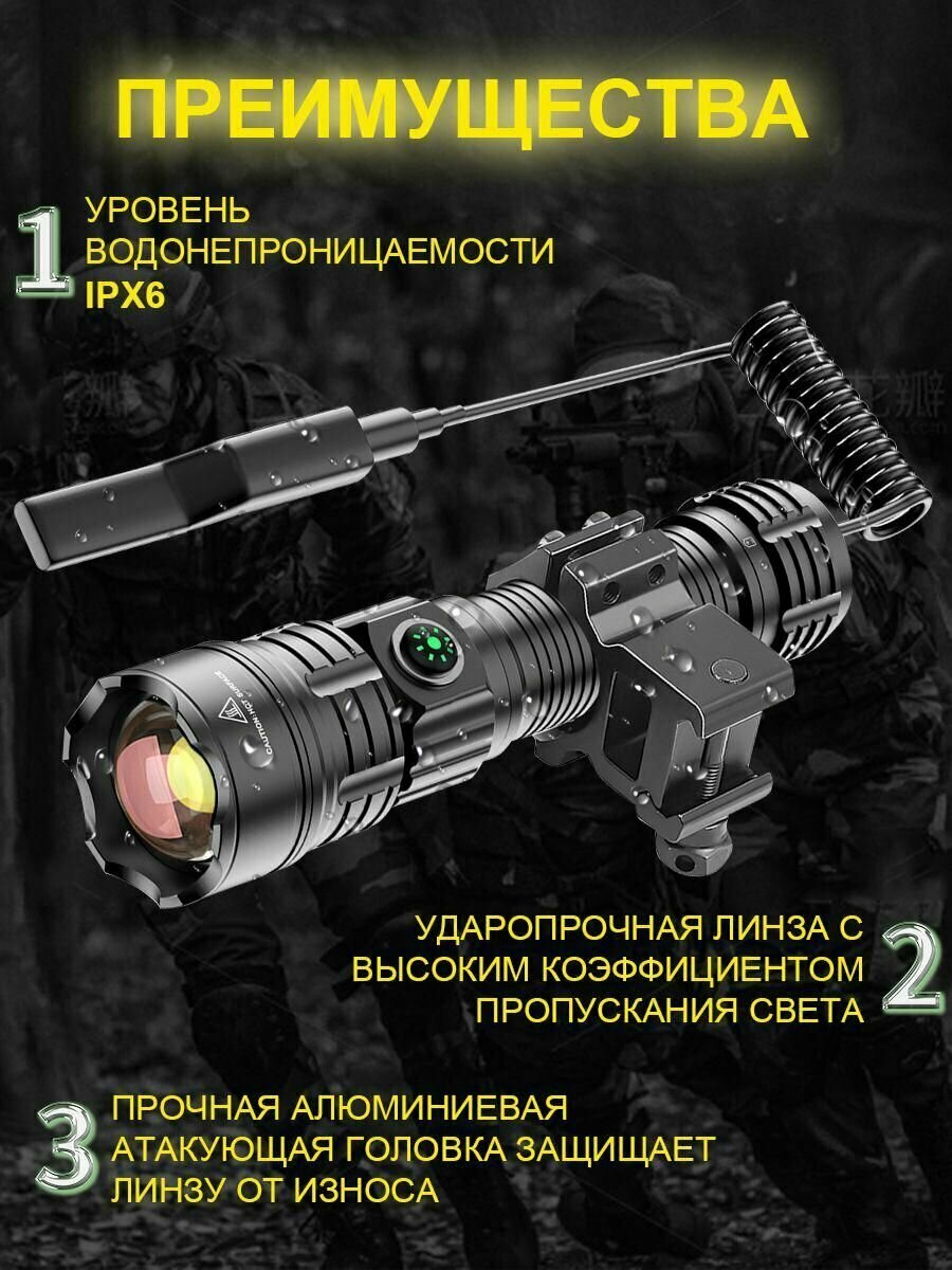 Тактический фонарь с выносной кнопкой , Охотничий подствольный фонарь, литиевая батарея 18650*1, Зарядное устройство*1