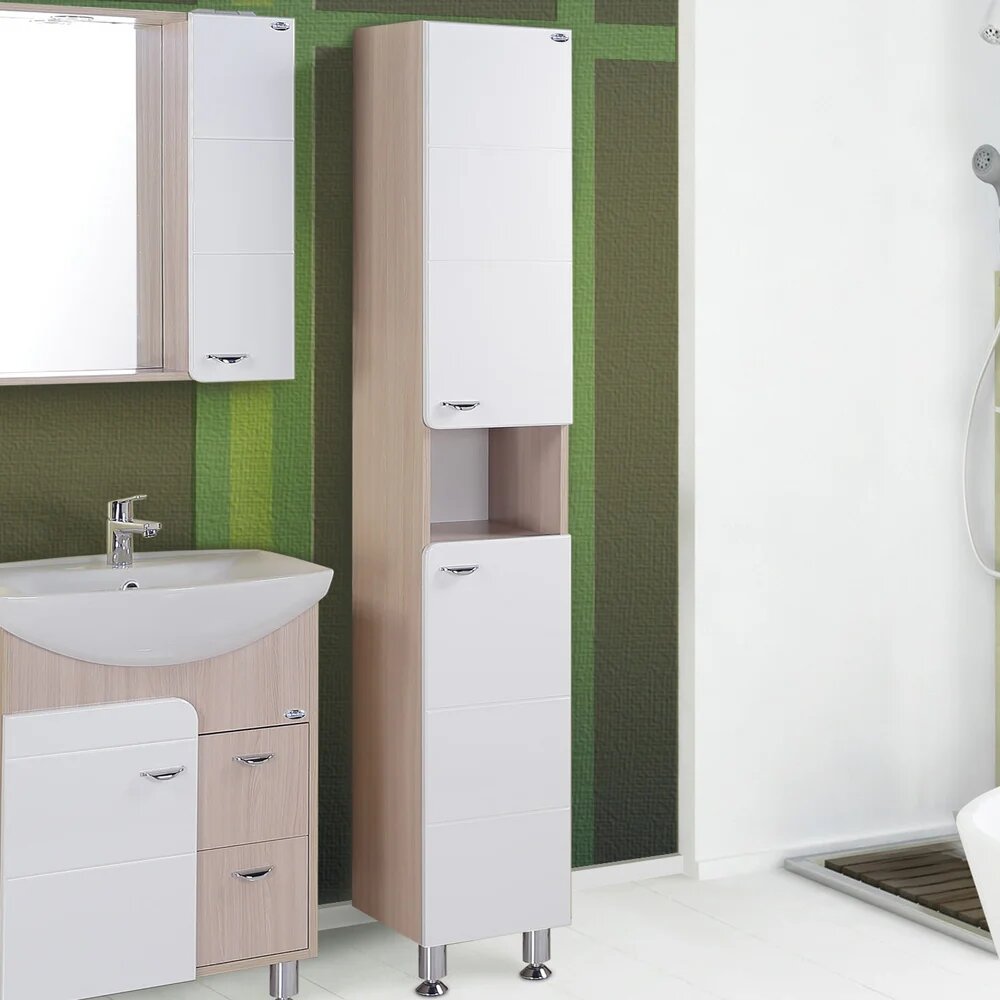 Шкаф-пенал для ванной Onika Стиль 30.10У напольный, 30 см, белый, светлое дерево, глянцевый, шкаф пенал с полками, с дверками, из МДФ, фурнитура хром