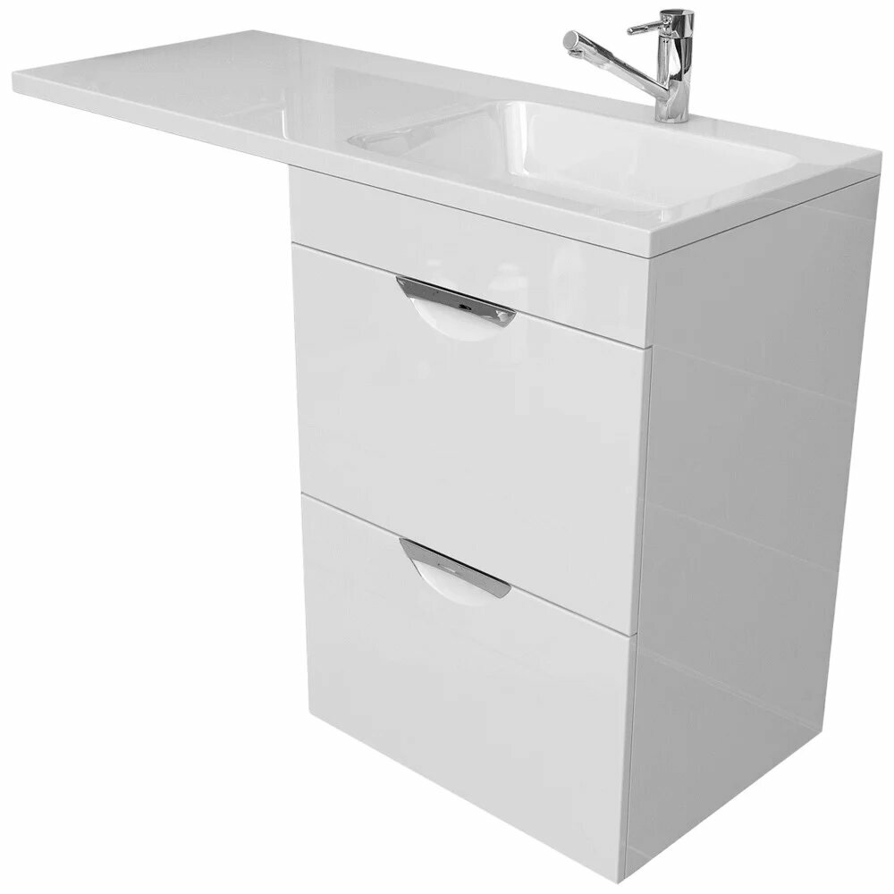 Тумба с раковиной Emmy Милли 120 под стиральную машину, напольная, 120 см, белая, глянцевая, из МДФ, с ящиками, раковина для ванной, из искусственного мрамора, прямоугольная