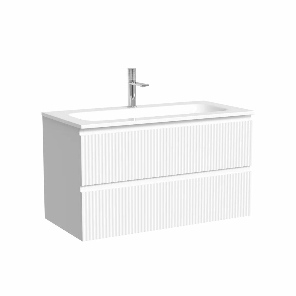 Тумба с раковиной Sancos Snob R 90 подвесная, 91 см, белая, из МДФ, с ящиками, раковина для ванной, фарфоровая, прямоугольная