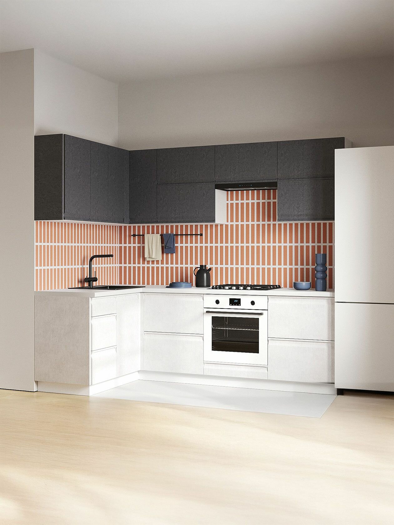 Кухонный гарнитур Велюр 240х140 см, мебель для дома и кухни, Белый / Бетон графит / Бетон снежный