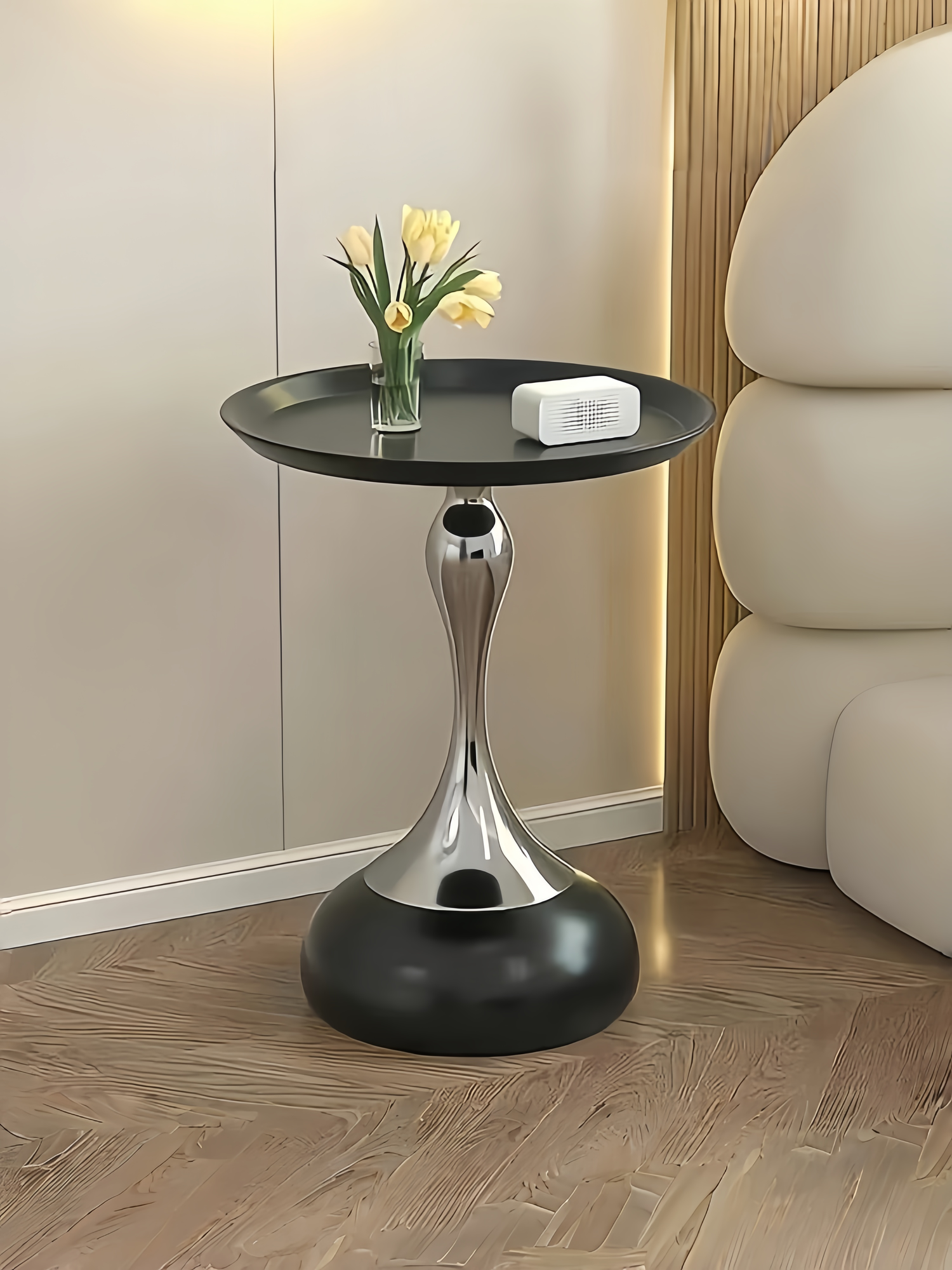 Диванный столик из кованого железа; маленький круглый столик; черная, серебряная рама 40*40*55cm