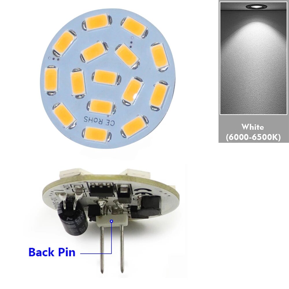 4x T-Pin Светодиодная лампа G4 3W 12-24V AC DC Задний штифт G4 Лампа круглой формы для шкафа Авто RV Кемпер Лампа для освещения дома на колесах, White 6000K, Да