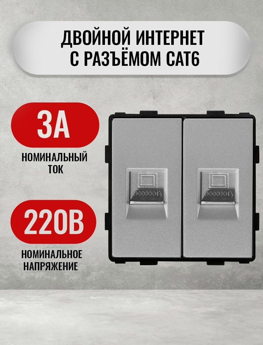 Розетка двойная для интернета KLUST Basic компьютерная, для кабеля RJ-45 CAT6 механизм, серая