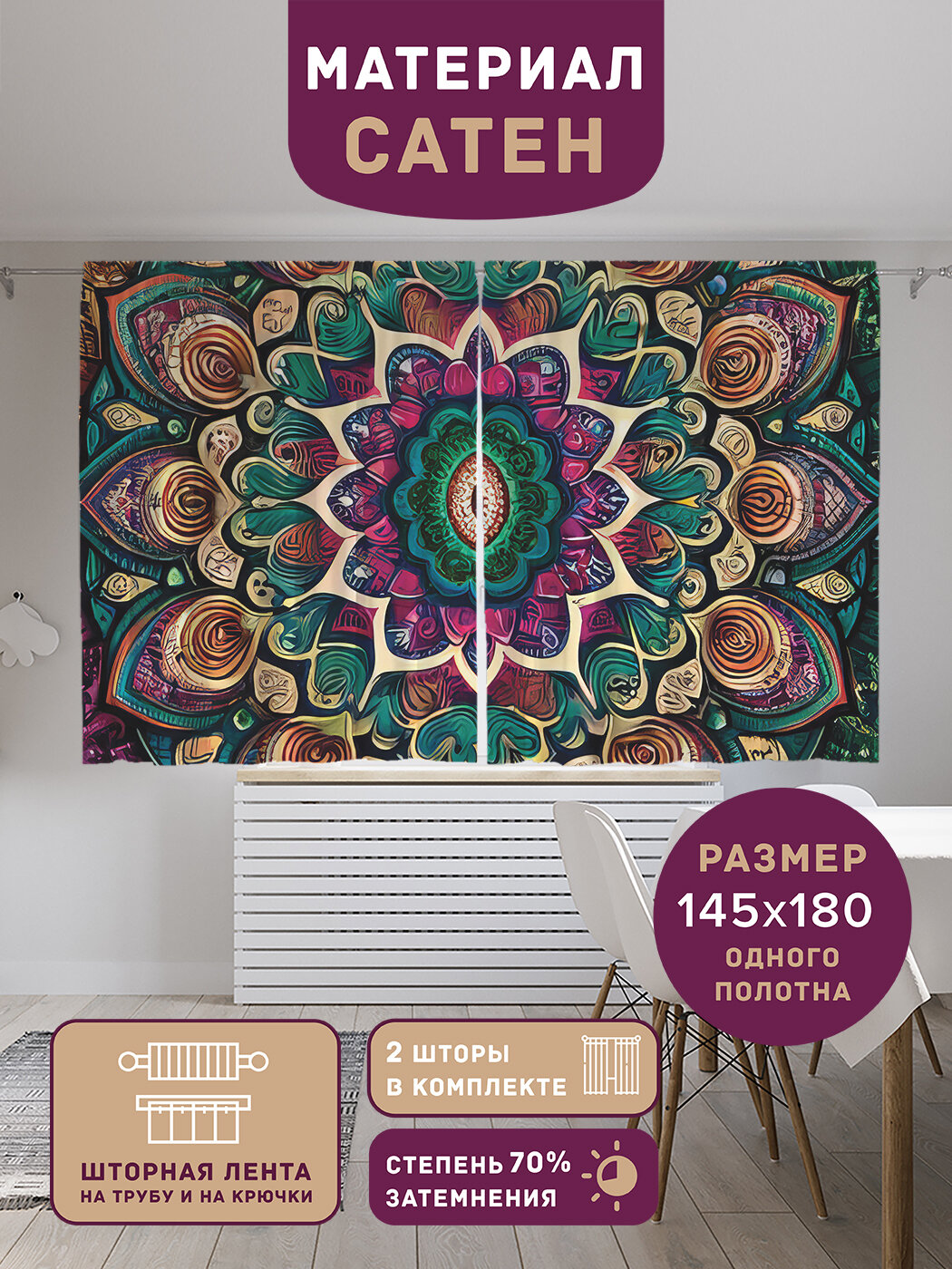 Фотошторы для кухни и спальни "Симметричный рисунок", 2 полотна шириной по 145 см, высота 180 см, мульти Фотошторы, сатен