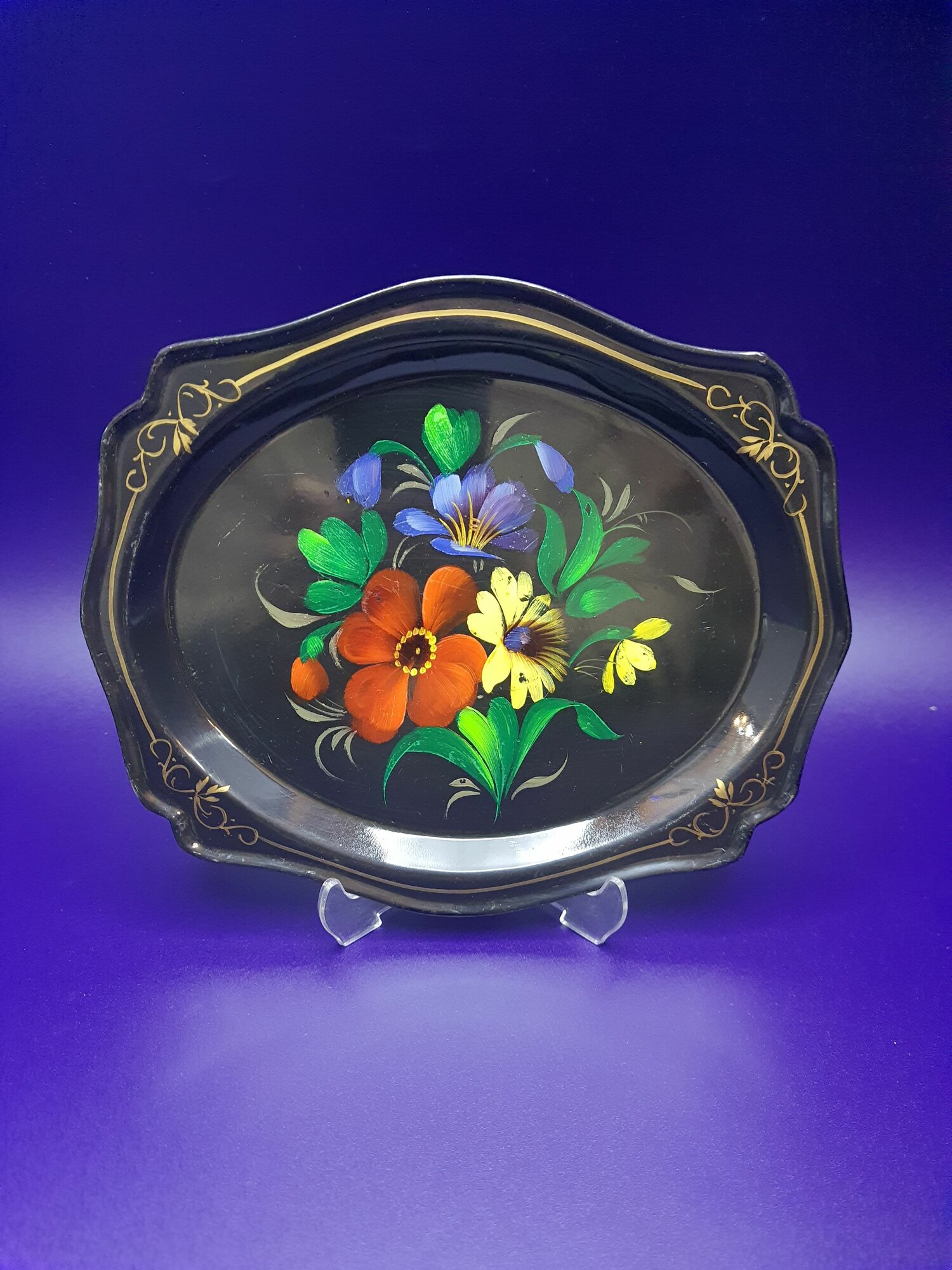 Винтажный поднос металлический Жостово, ручная роспись, СССР 80е.
