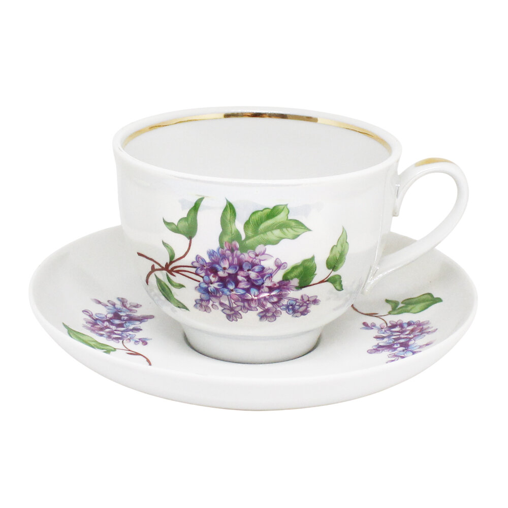 Фарфоровая кружка и блюдце "Веточки сирени", (Обводка золотом).