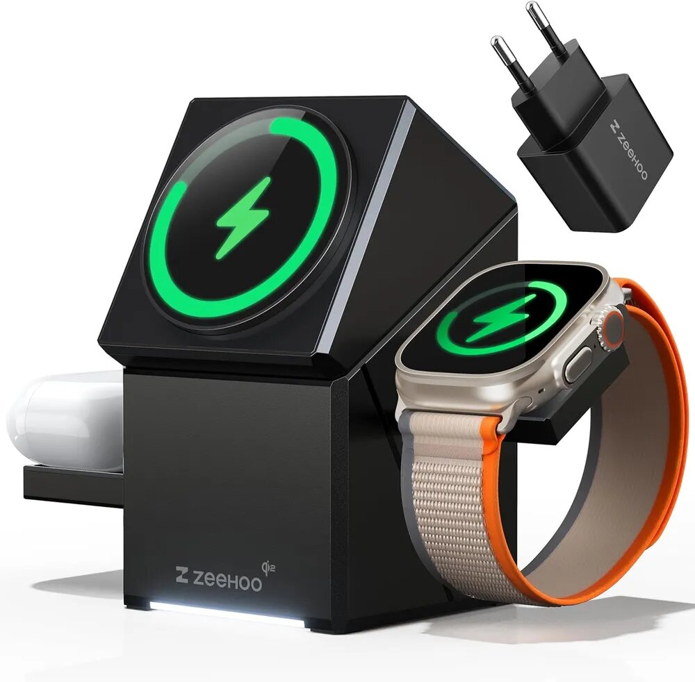 Беспроводное зарядное устройство 3-в-1 ZEEHOO Qi2, для iPhone / Apple Watch / AirPods, до 15 Вт, магнитное выравнивание, активное охлаждение, адаптер 30 Вт