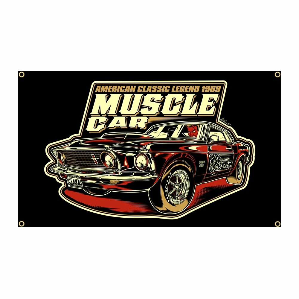Ретро американский мышечный гоночный автомобиль флаг из полиэстера 120 x 180cm, 4 holes in 4 corners