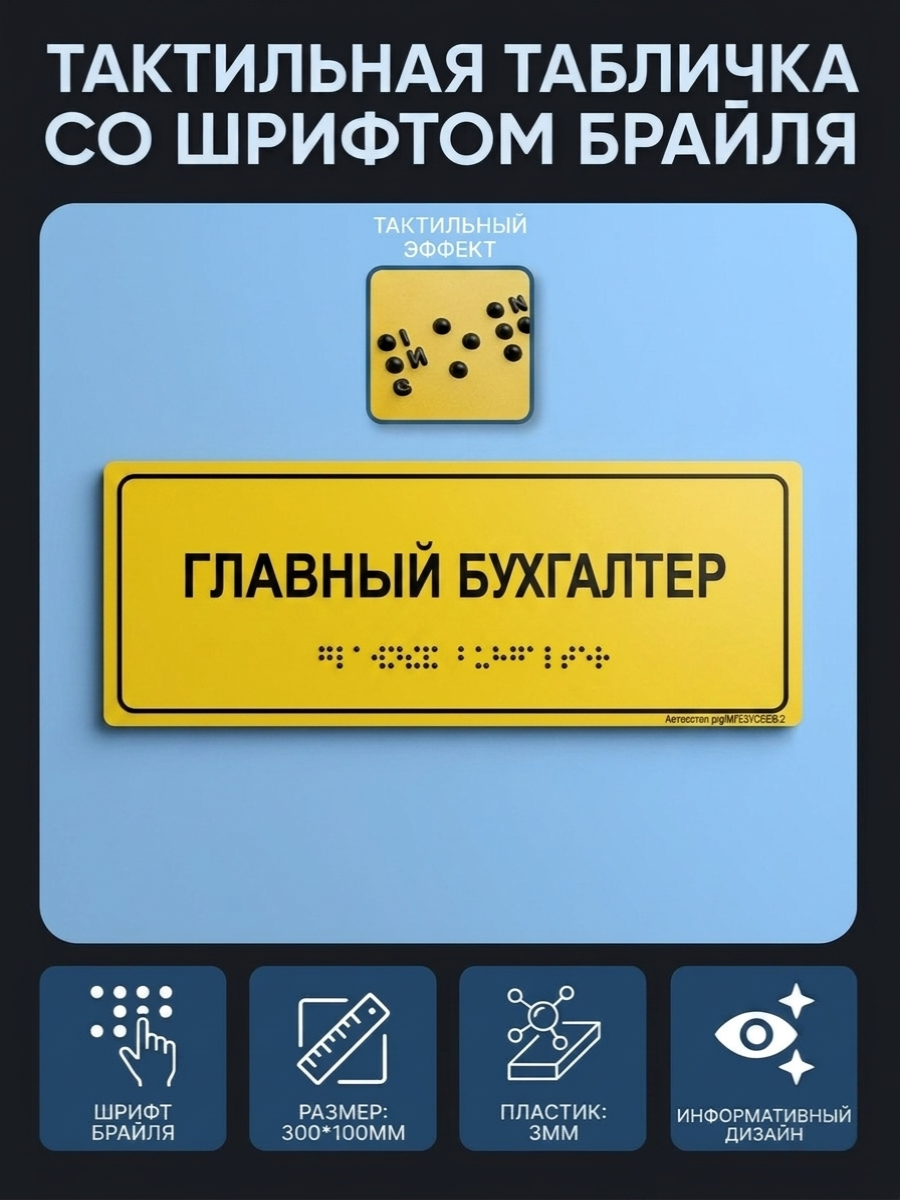 Тактильная табличка со шрифтом Брайля "Главный бухгалтер" 300*100мм на ПВХ 3мм