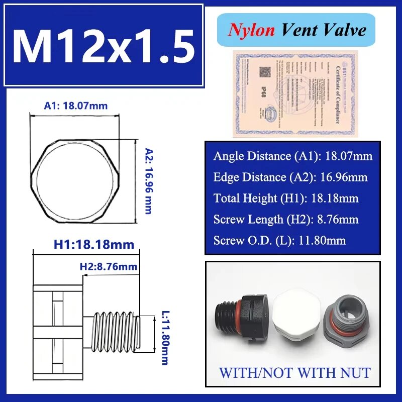 Автоматические выпускные клапаны из нейлона M5-M40 10PCS M12X1.5, not with nut, Dark Gray