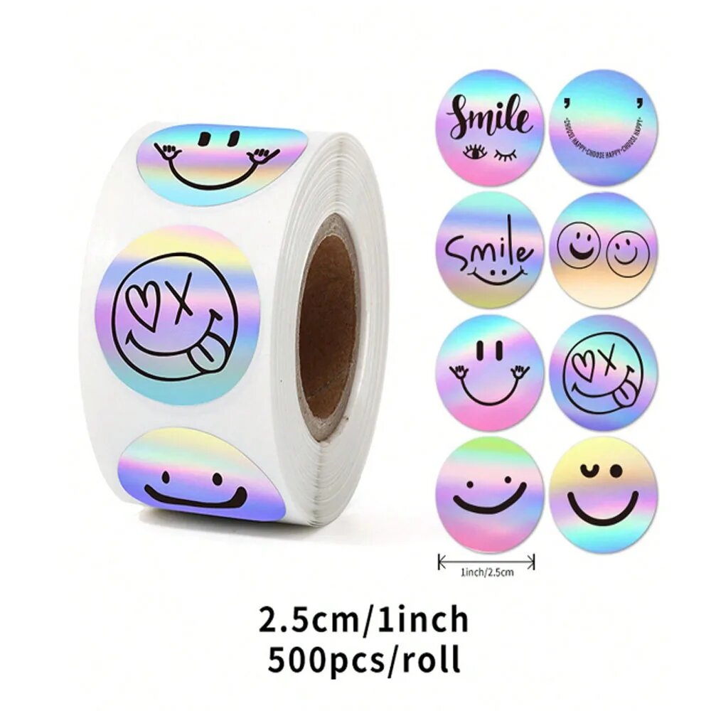 Радужные наклейки с эмодзи, 500шт, 2.5см, Laser smiling face