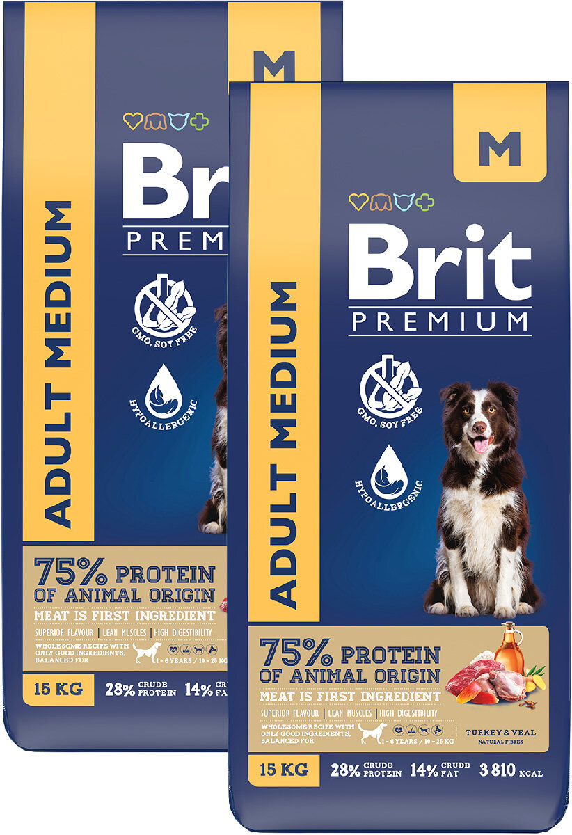 BRIT PREMIUM DOG ADULT MEDIUM для взрослых собак средних пород с индейкой и телятиной NEW 15 + 15 кг