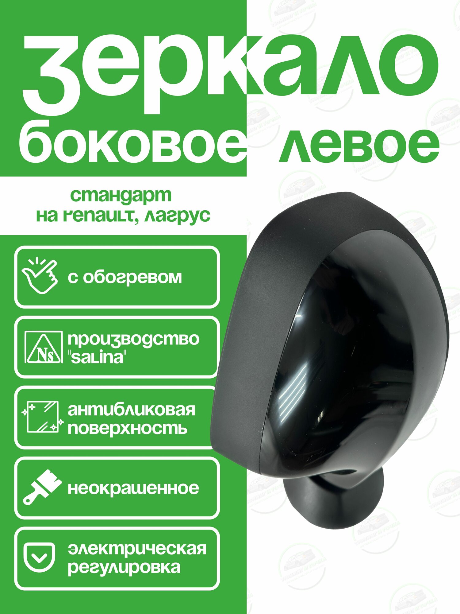 Зеркало боковое левое на Рено Логан, Сандеро, Дастер, Лада Ларгус SALINA электро регулировка, обогрев, Неокрашенное