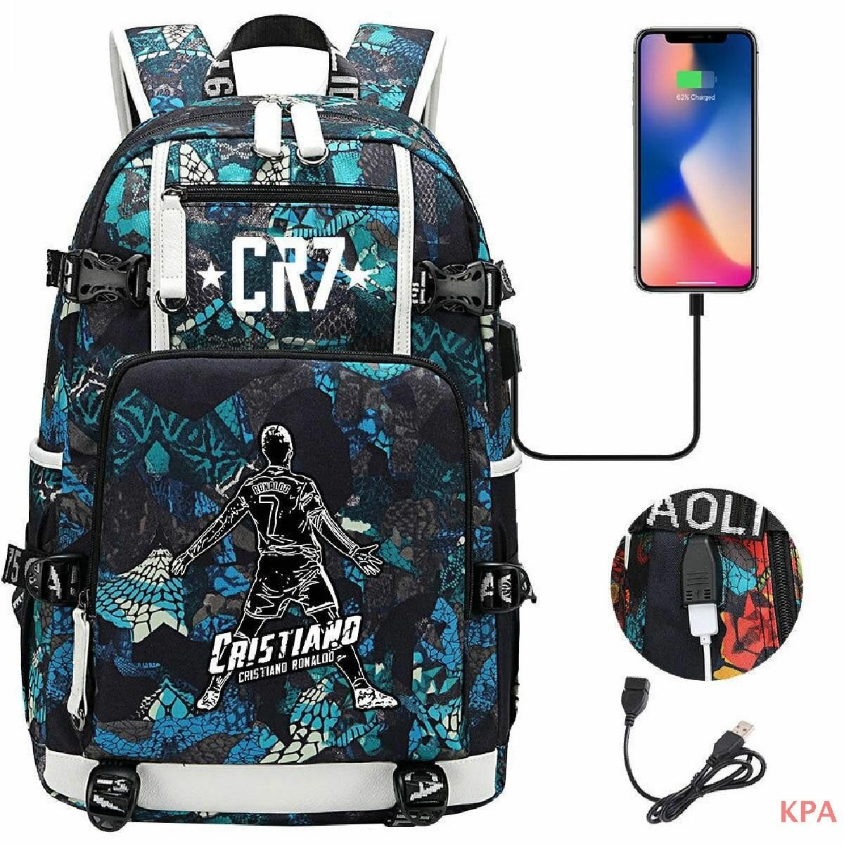 Рюкзак школьный Football Cristiano Ronaldo USB с зарядкой для ноутбука и путешествий