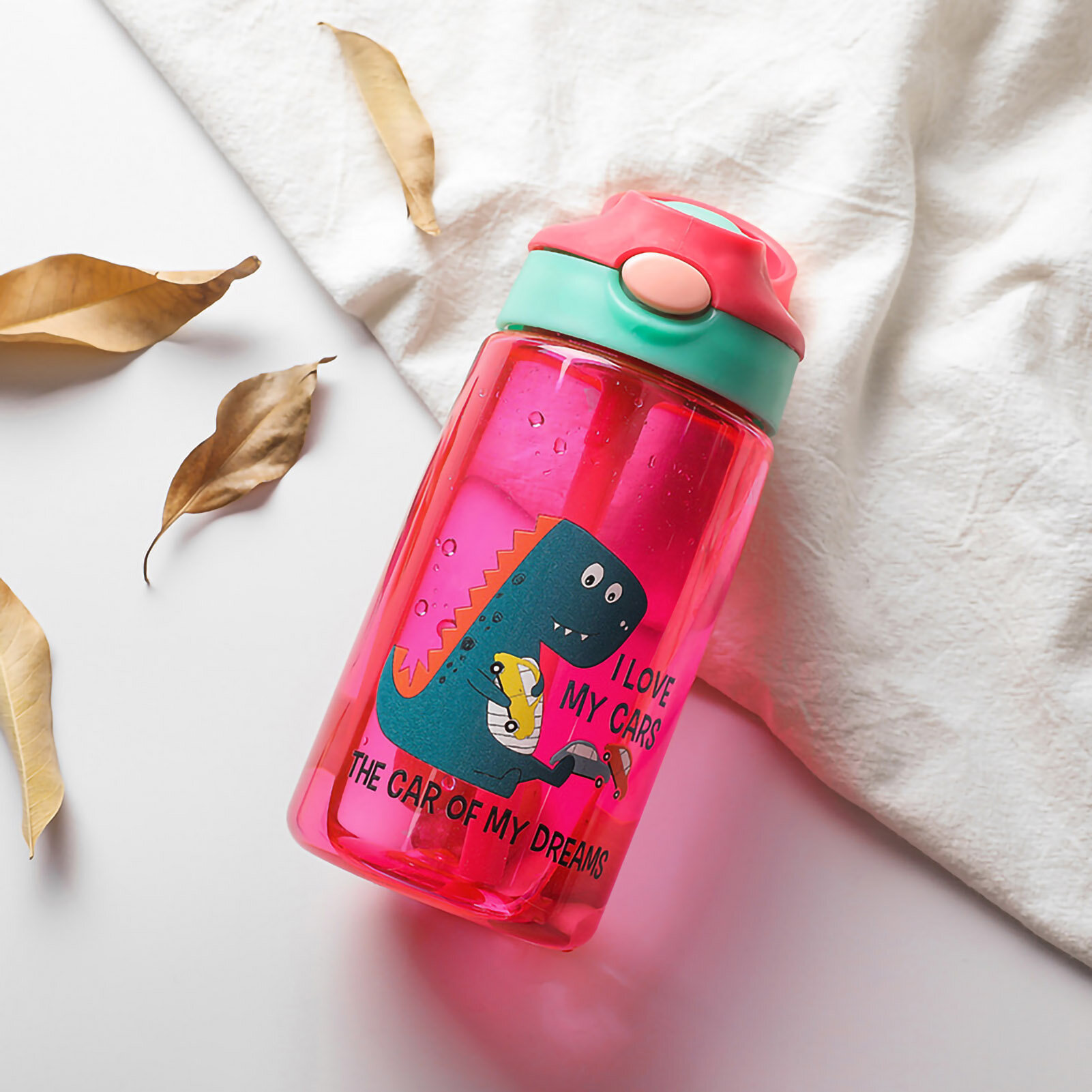 Детская бутылка для воды с соломенной крышкой, милые динозавры, 480 мл, безопасная пищевая бутылка из полипропилена, красная бутылка для воды для малышей, 480 мл