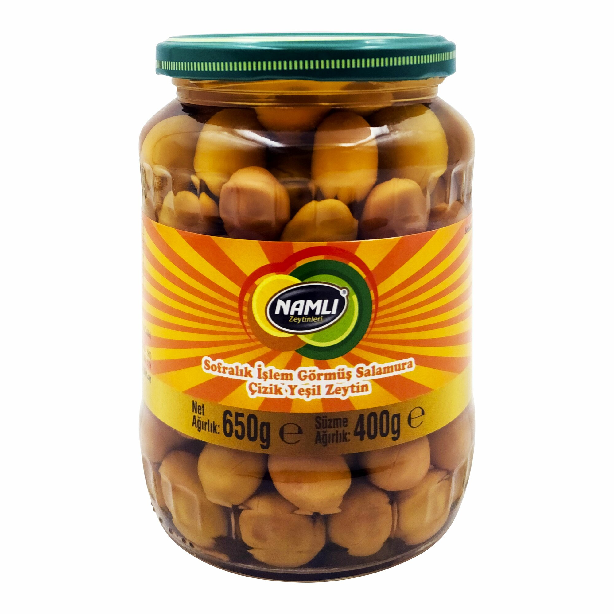 Оливки зеленые Gemlik консервированные с лимонным соком (калибр M), "Namli", Cizik Yesil Zeytin, 650гр. Турция