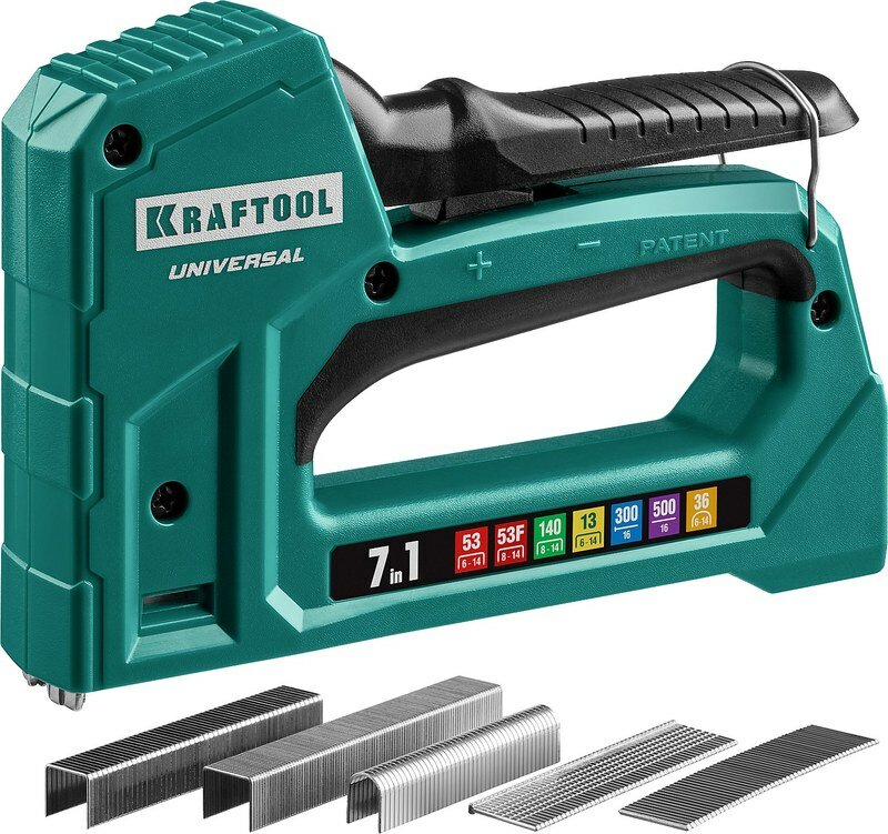 Степлер Kraftool 31524 Universal, 7-в-1: 53 A/10/JT21 23GA 6 - 14мм /140 G/11/57 20GA 8 - 14мм /13/53F/36/500, универсальный легкий