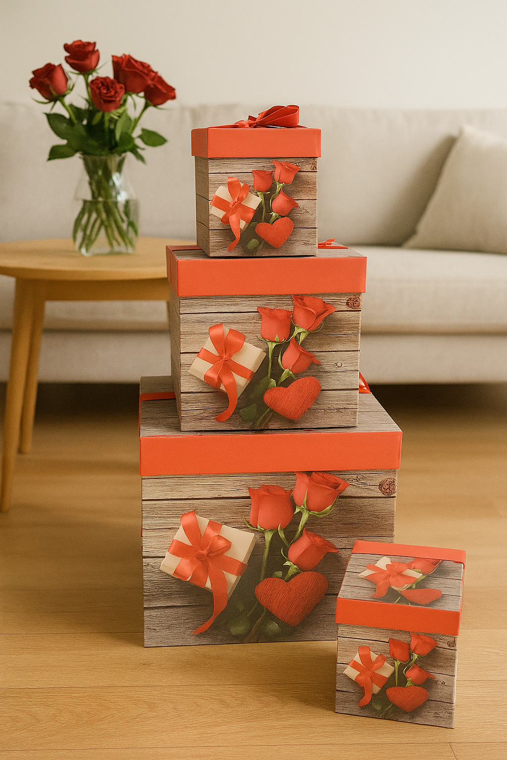 Коробки подарочные. Раскладные. Набор 4в1. Рисунок Три розы в подарок.