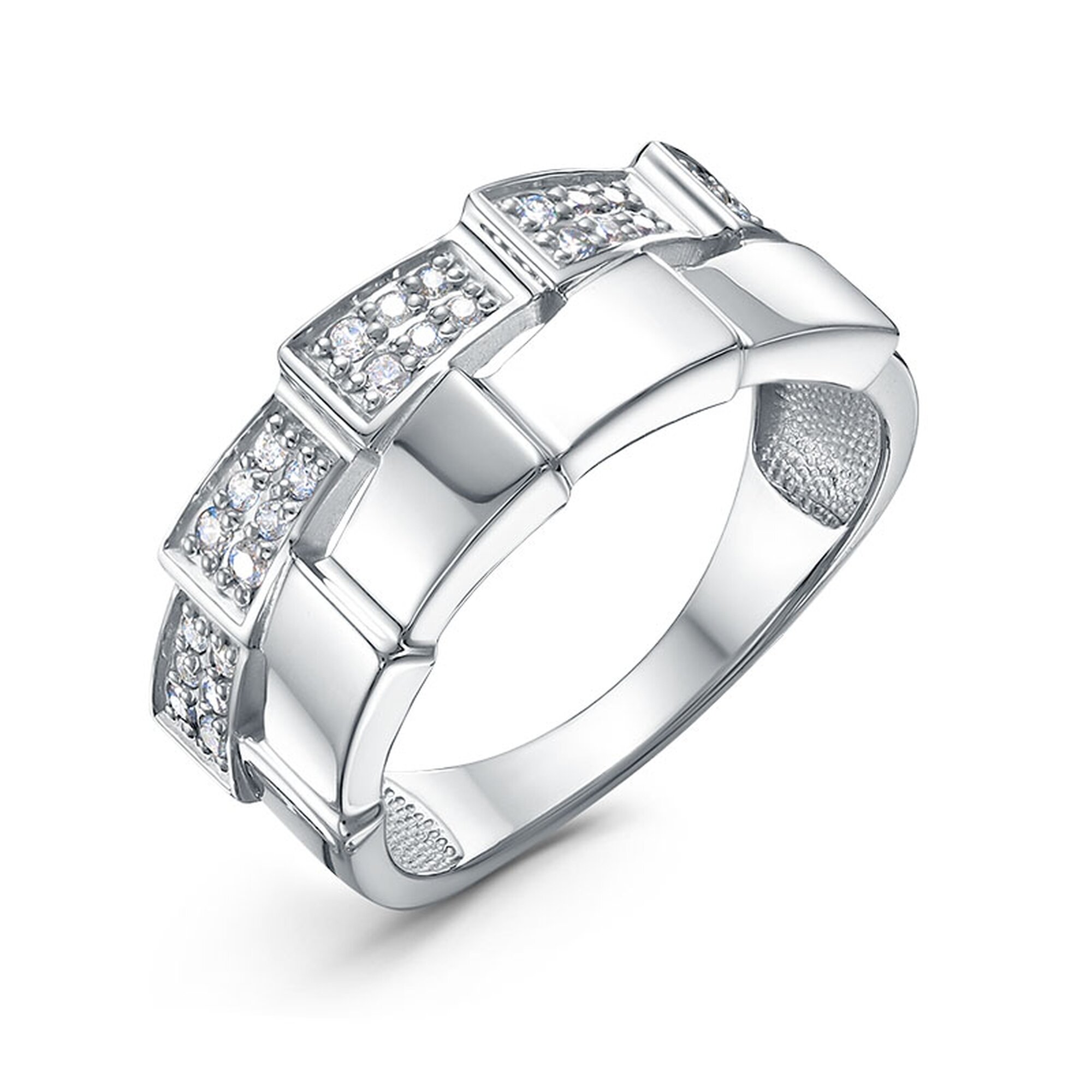 Кольцо широкое, серебро, 925 проба, родирование, фианит