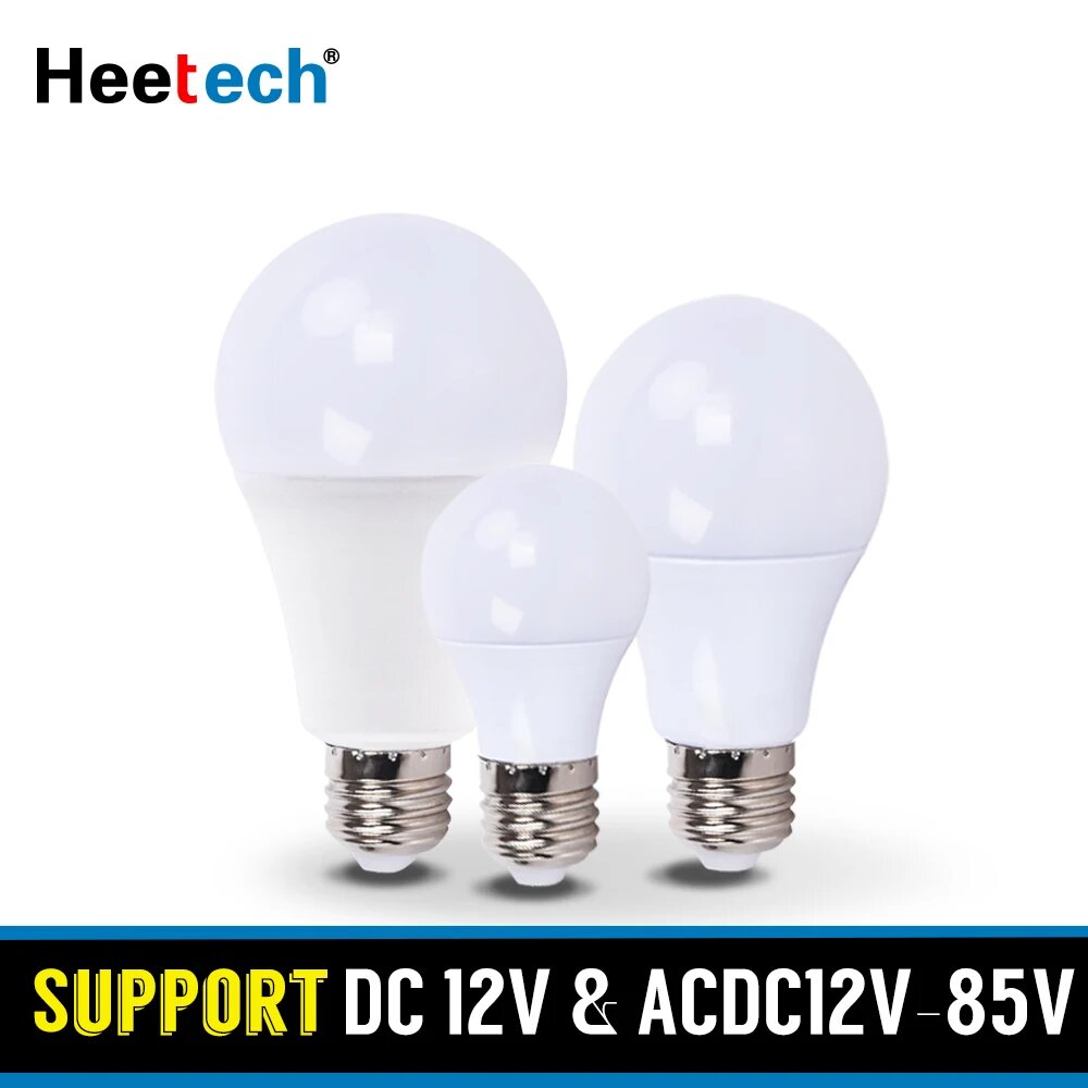 Heetech Светодиодная лампа E27 DC 12-85V 3-36Вт Холодный белый, Support DC 12V, 9W E27