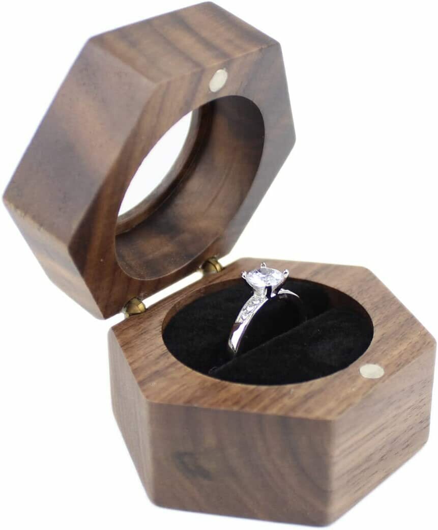 Коробка Для Кольца В Форме Шестиугольника Из Грецкого Ореха Для Предложения, Держатель Для Хранения Деревянных Колец, 5.5 X 4.8 CM