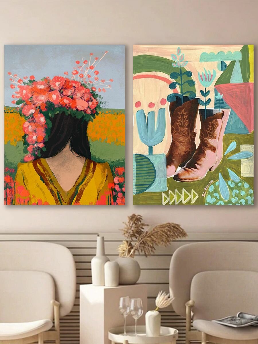 Картина модульная на стену / композиция из 2-х картин, "Девушка абстракция цветы", 70х100 см.