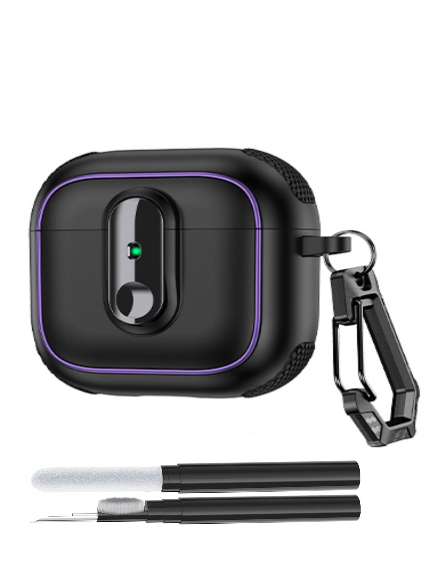 Чехол для наушников AirPods Pro2 (Аирподс Про 2 ) пластиковый с замком и карабином + черная щетка, черный