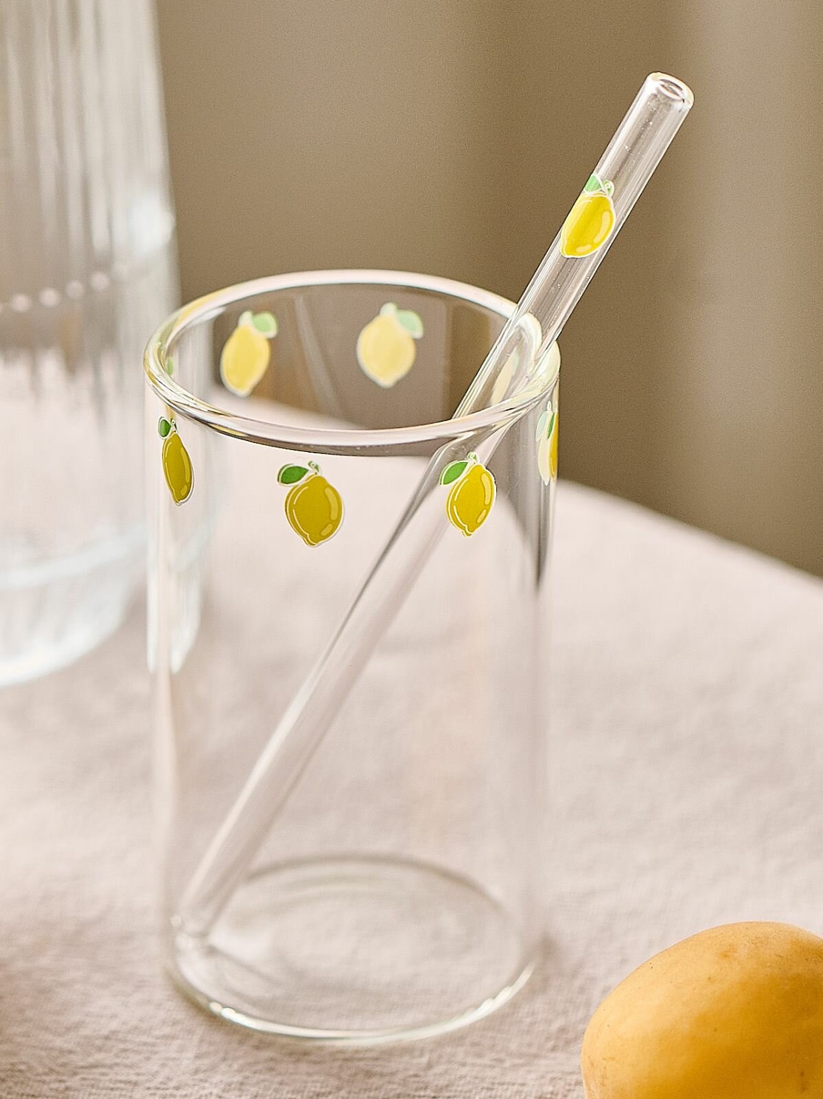 Стакан из боросиликатного стекла 280 мл с трубочкой высокий, рисунок "Лимон"