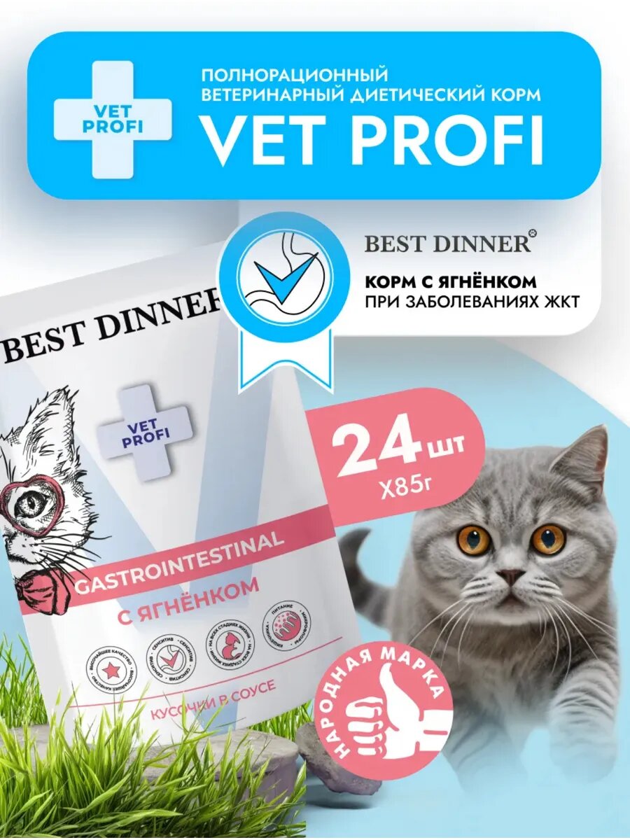 BEST DINNER VET PROFI GASTRO влажный лечебный корм для кошек, ягненок, 24 пауча по 85 гр
