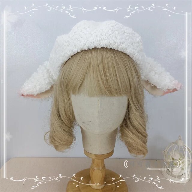 Берет с ушками ягненка облако шляпа плюшевые овечьи уши шляпа Лолита овечья шерсть молочно белая милая Лолита